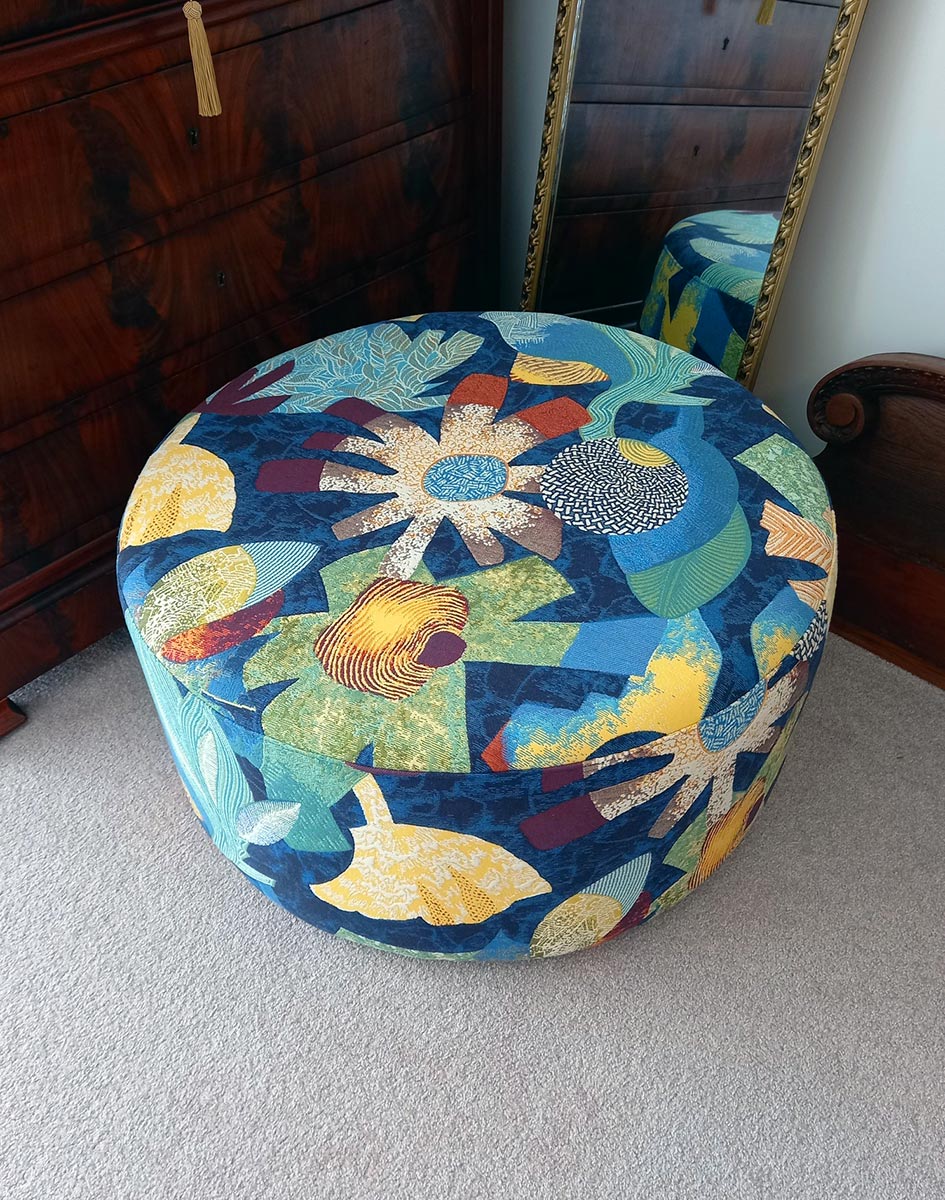Round Ottoman in Colourful Fabric NZ — Gorgeous Creatures