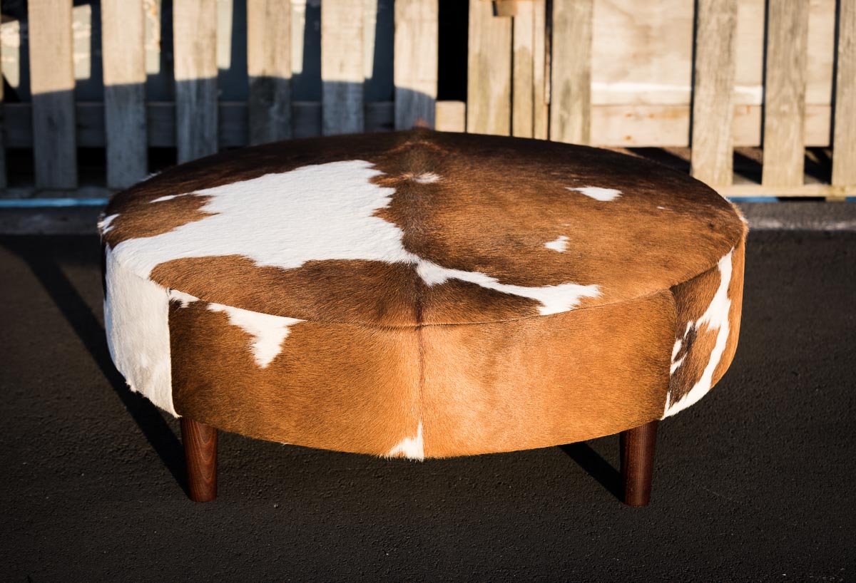 Round Cowhide Ottoman Wood Legs — Gorgeous Creatures